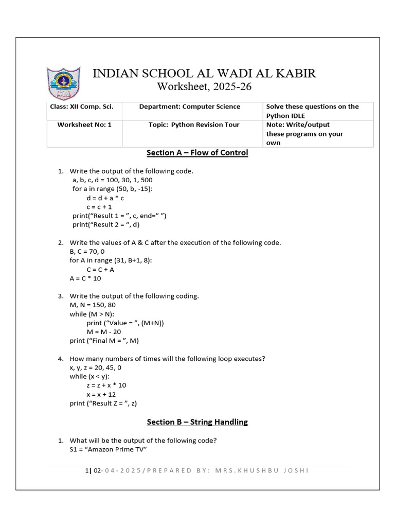 6781794-XII_CS_Worksheet 1_RevisionTour (2) | PDF | Software Engineering | Control Flow