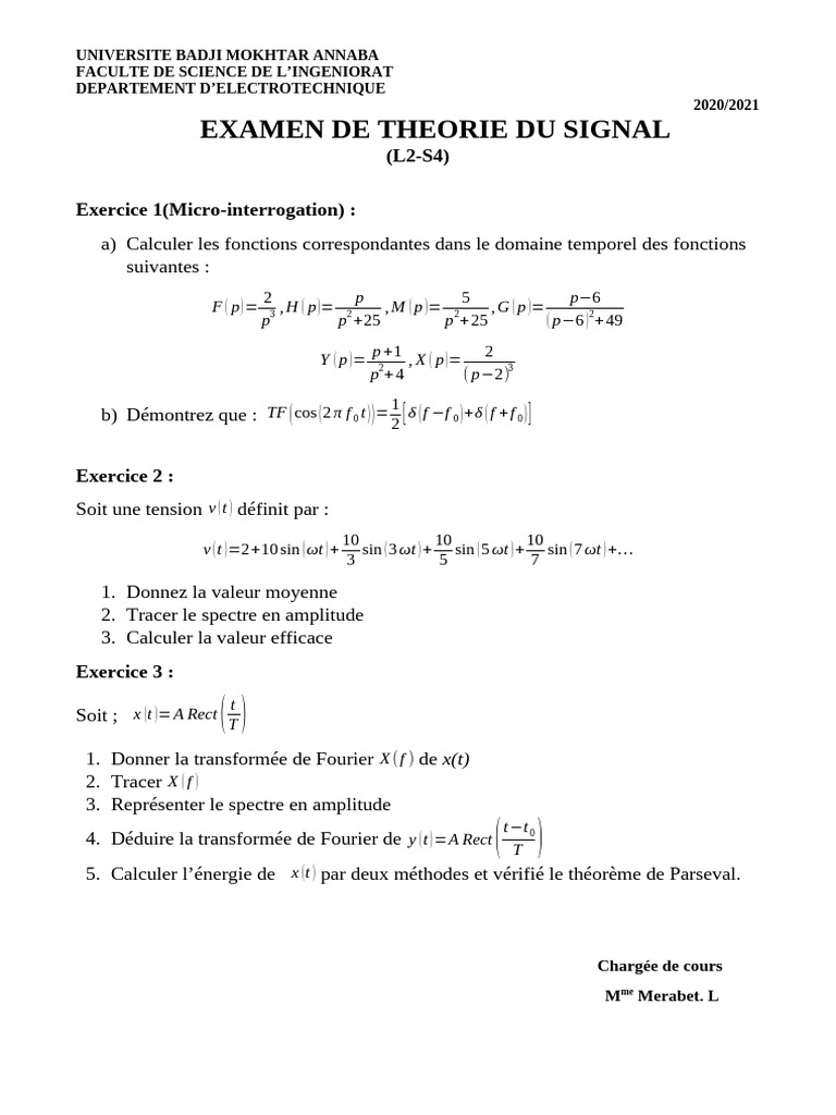 Examen Théorie du Signal L2-S4 | PDF