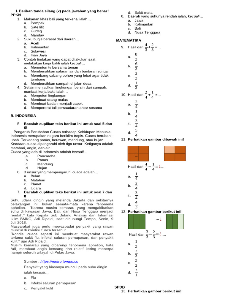 Soal PTS KELAS 3 Hari Ke 2 (Tema 5 Sub 3 4) Kelas 3 SMT 2 | PDF