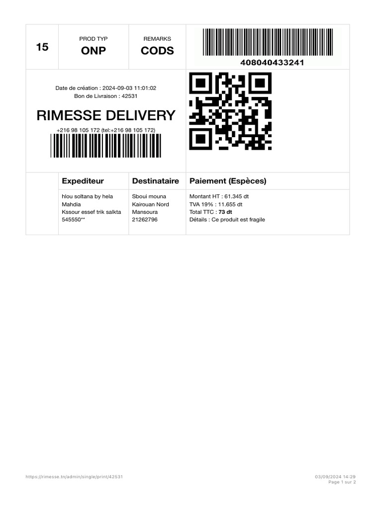 Bon de Livraison RIMESSE 42531 | PDF
