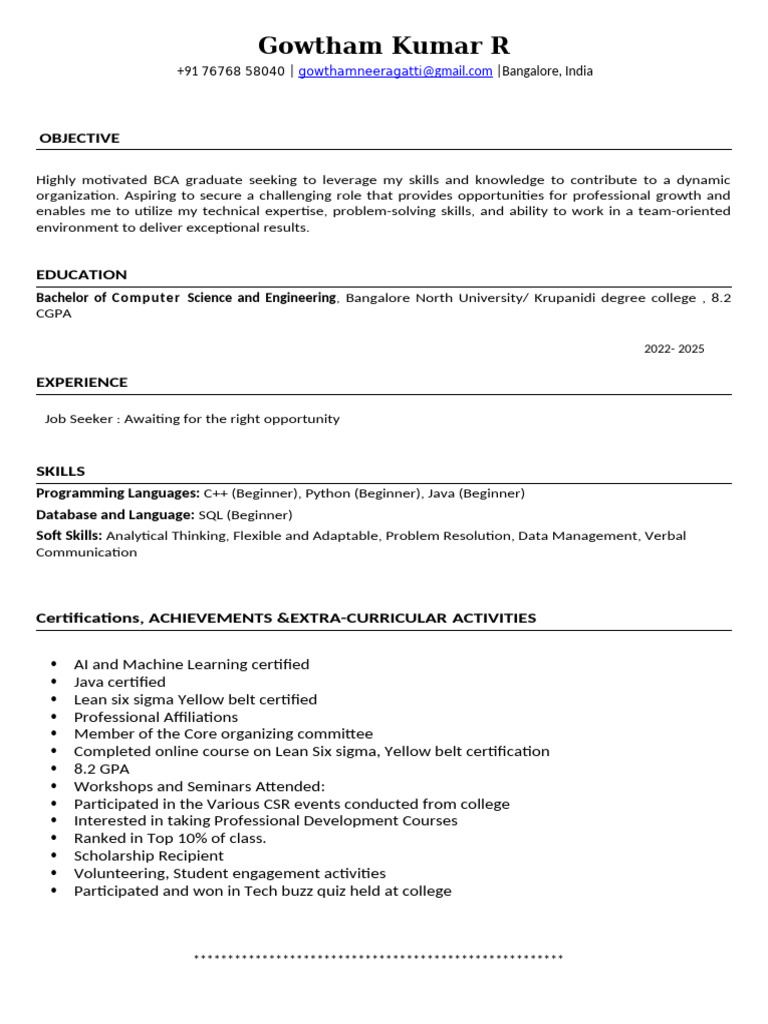 Accenture Resume Format for BCA Graduate | PDF