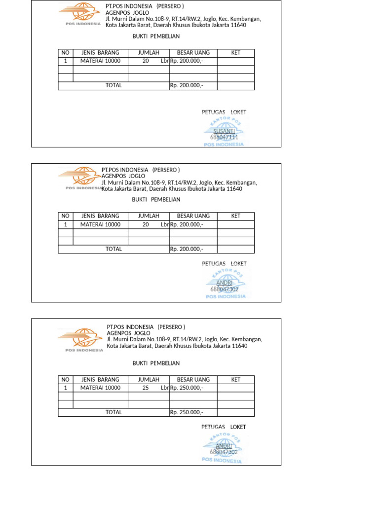 Nota Pembelian Materai di Kantor Pos | PDF