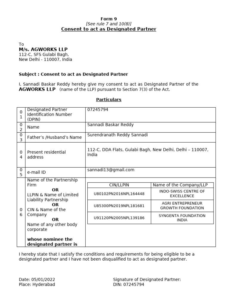 FORM 9 Consent To Act As Designated Partner of LLP | PDF | Limited ...