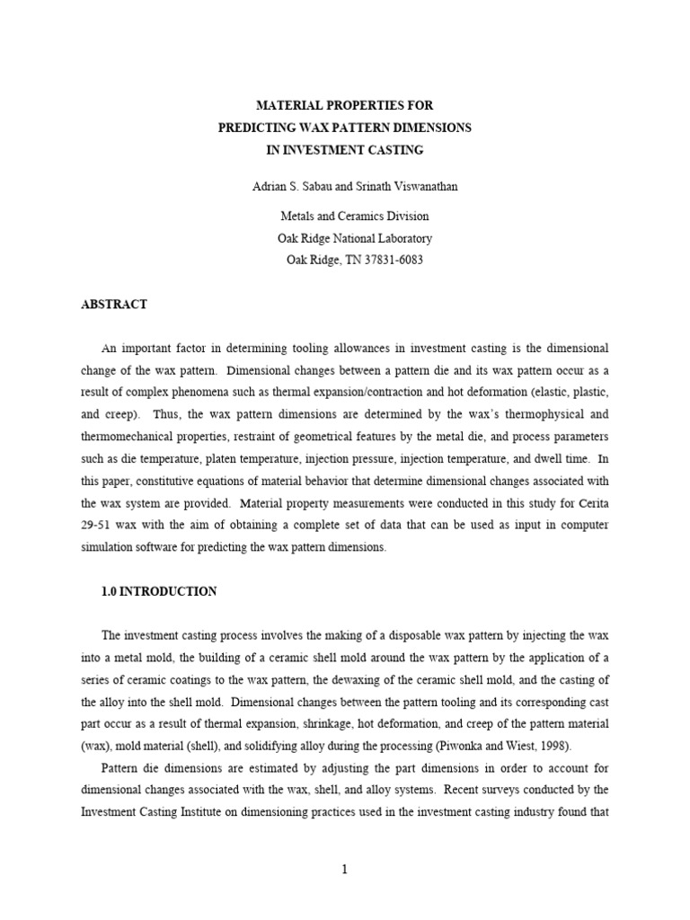 Wax Pattern Dimensional Changes in Casting | PDF | Young's Modulus ...