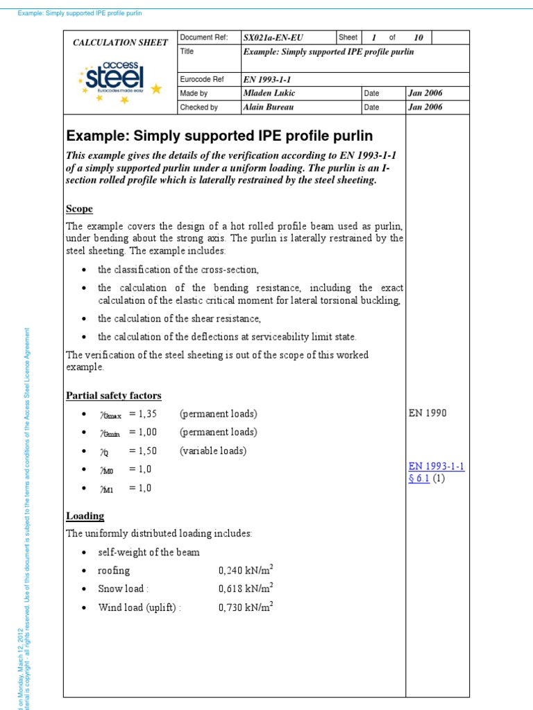 Example Simply Supported IPE Profile Purlin | PDF | Bending | Buckling