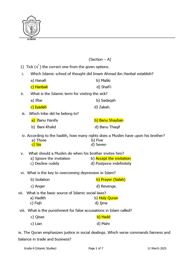 Grade 9 Islamic Studies Revision Worksheet | PDF | God In Islam | Patience