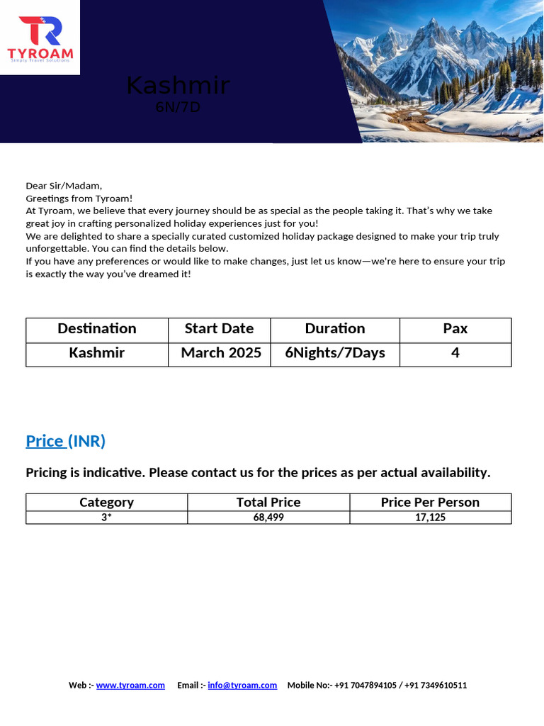 6N7D 04 Pax kashmir package | PDF