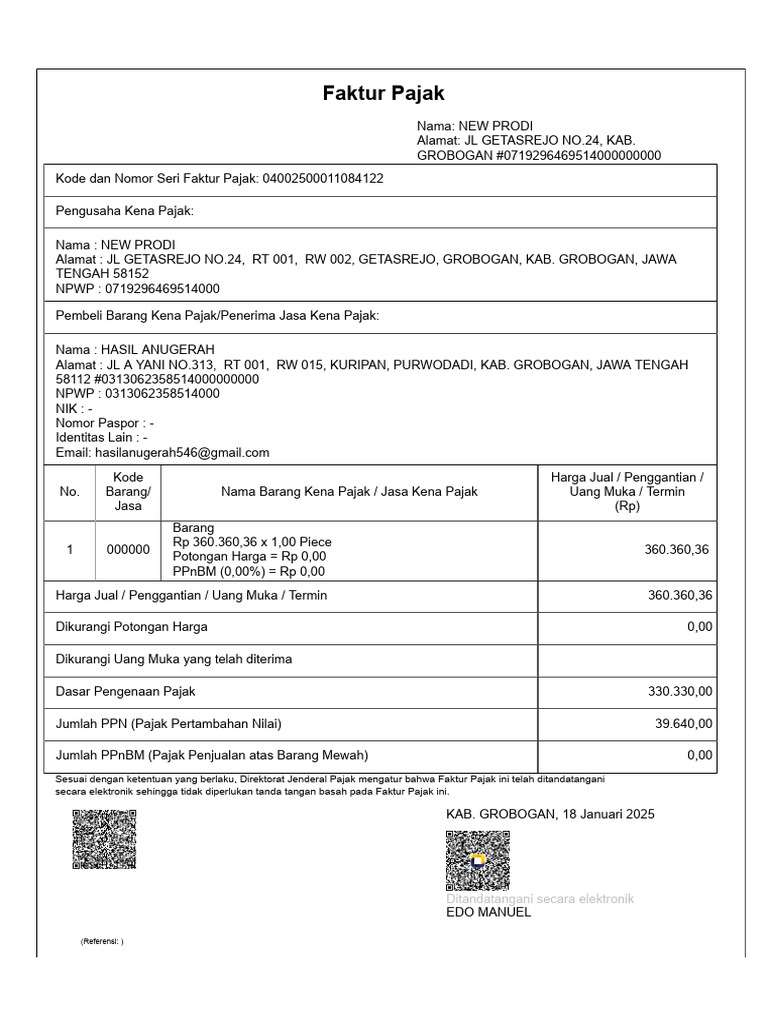 Contoh Faktur Pajak 2025 Dengan Coretax | PDF