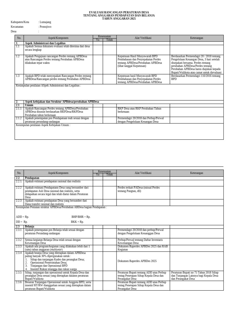 Lembar Evaluasi APBDES 2025 | PDF