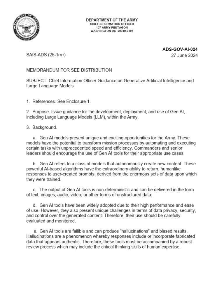 Army CIO Guidance On Gen AI and LLM - 20240627 | PDF | Artificial ...