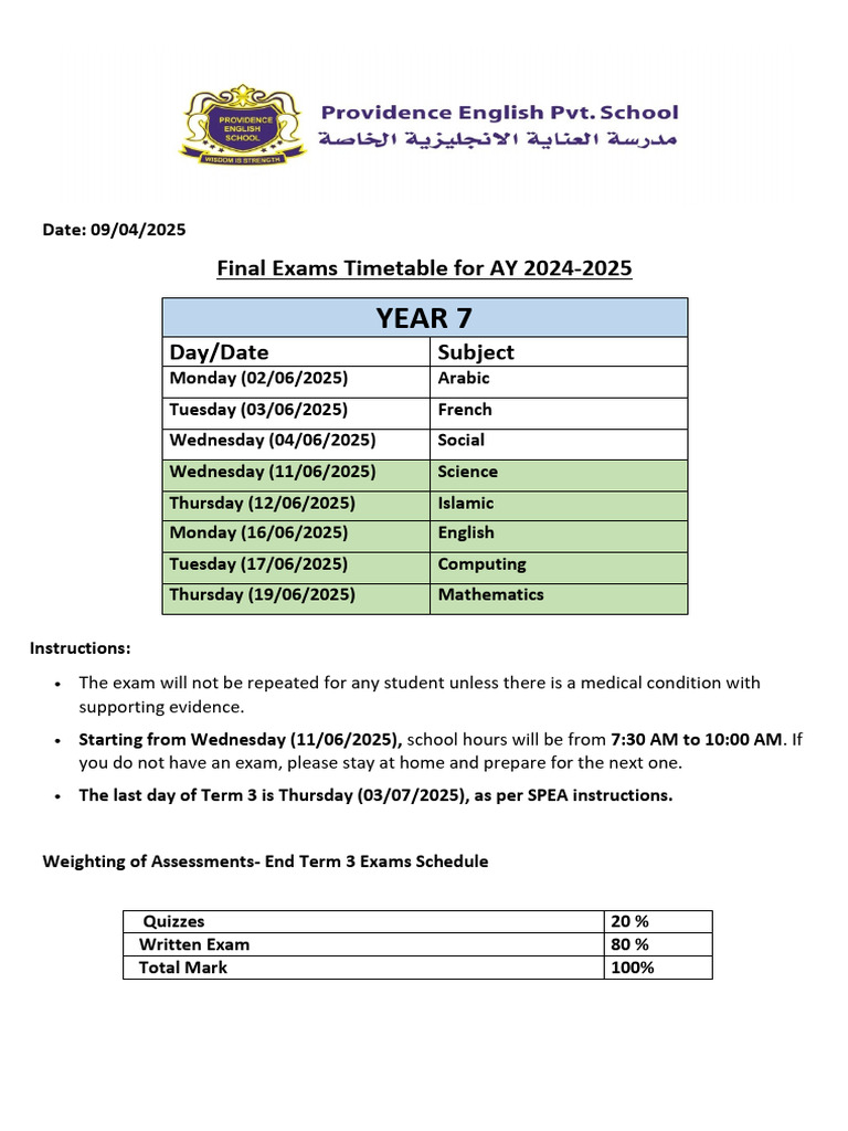 Grade 7 Term 3 Exam Schedule 2025 | PDF