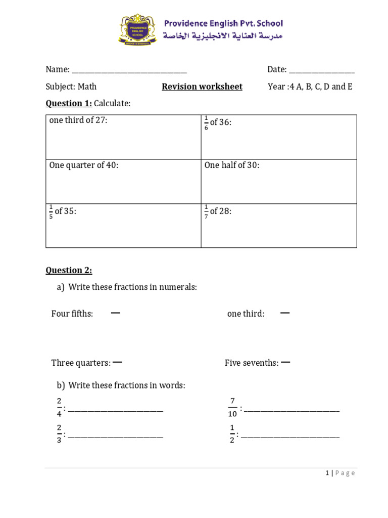 Revision Worksheet Midterm 2 Y4 | PDF | Mathematics | Elementary Mathematics