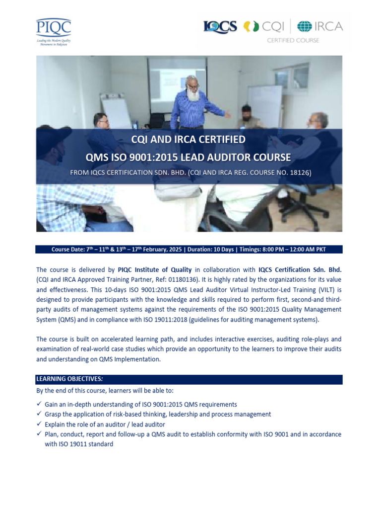 CQI and IRCA Certified QMS ISO 9001 2015 LA Course Brochure Online - VILT Training - Website ...