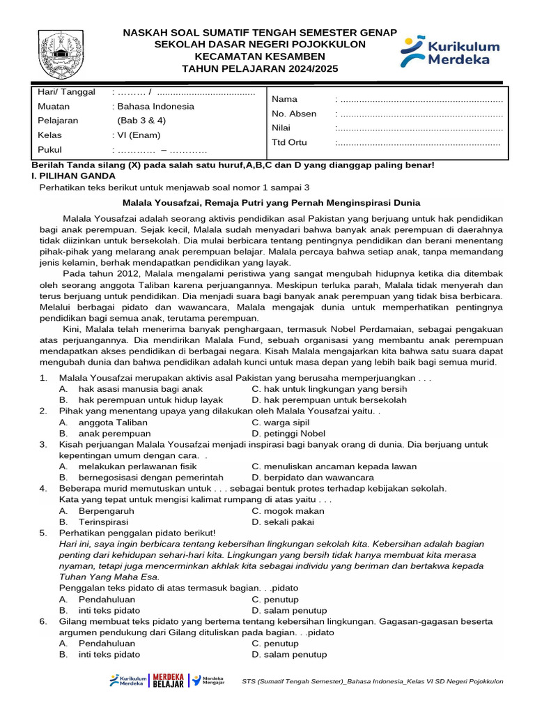 Kumer - Vi - Bahasa Indonesia Bab 1 & 2 - Naskah Soal - 2025 | PDF