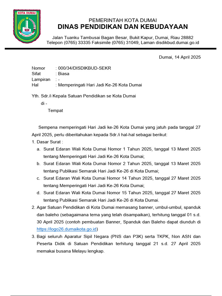 Surat Hut Kota Dumai 2025 - Preview | PDF
