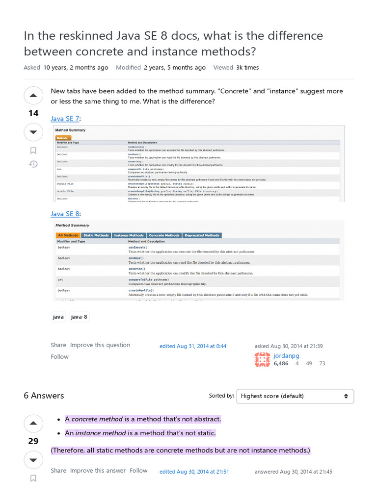 In The Reskinned Java SE 8 Docs, What Is The Difference Between Concrete and Instance Methods ...