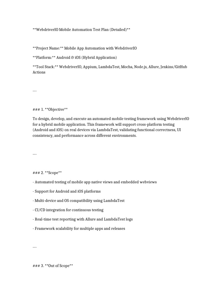 WebdriverIO Mobile Automation Test Plan Detailed | PDF | Mobile App ...
