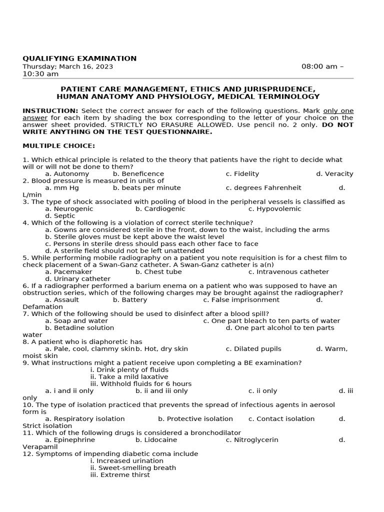 Patient Care Exam No Answer | PDF | Shock (Circulatory) | Vein