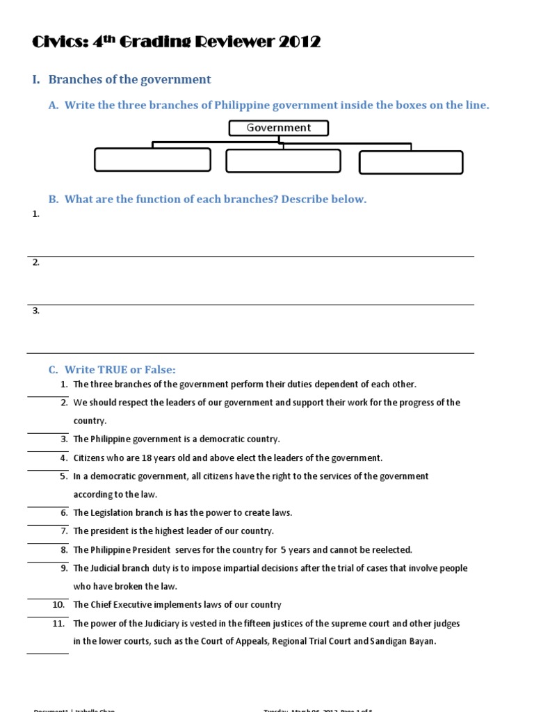 4th Grading Civics | PDF | Judiciaries | Separation Of Powers