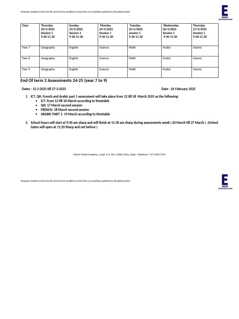 KS3 Assessment Timetable Parents T2 | PDF