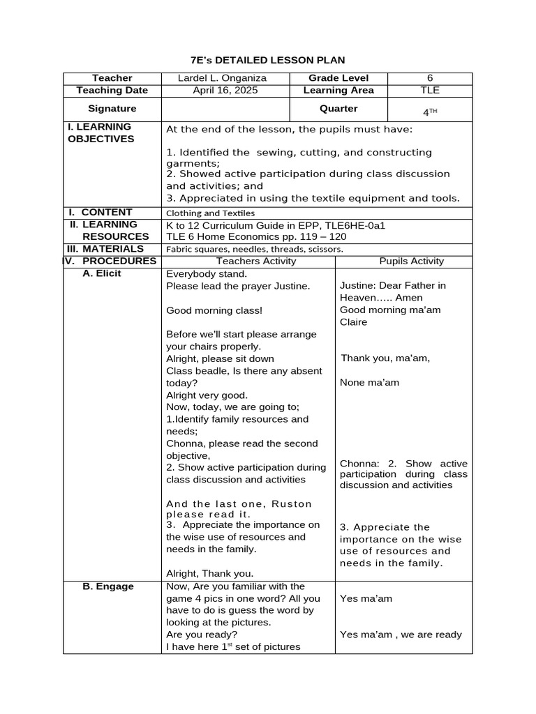6th Grade TLE Lesson Plan on Textiles | PDF