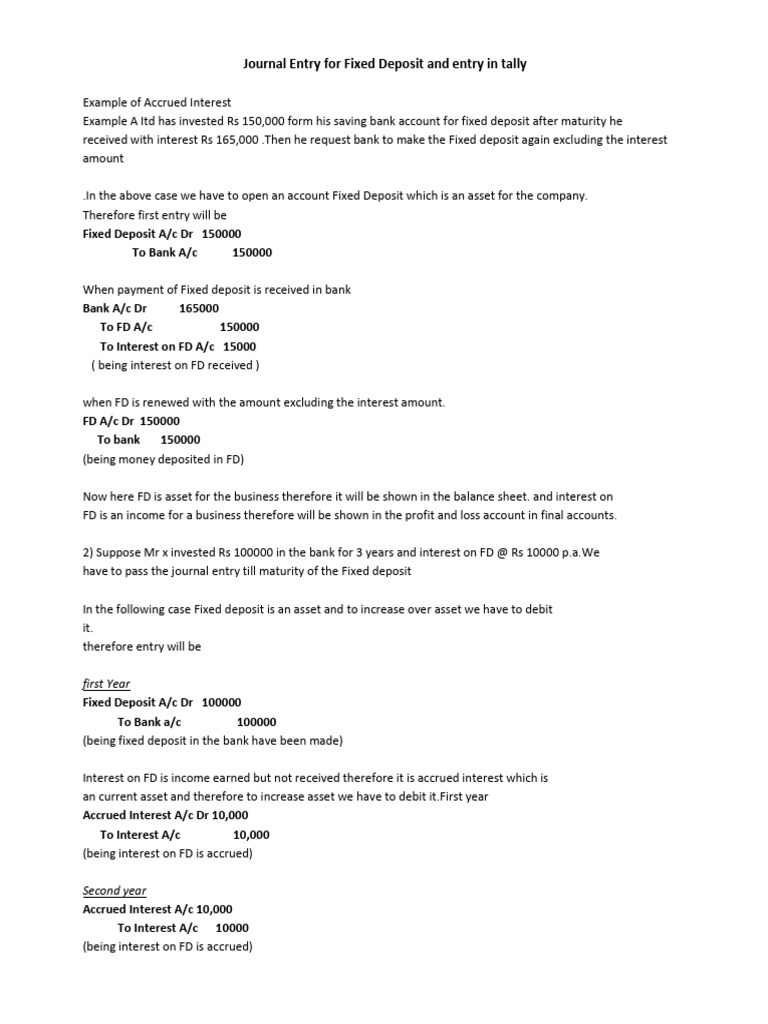 Fixed Deposit Journal Entries in Tally | PDF | Banks | Payments