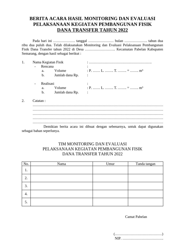#1 Berita Acara Hasil Monitoring Dan Evaluasi Pelaksanaan Kegiatan ...