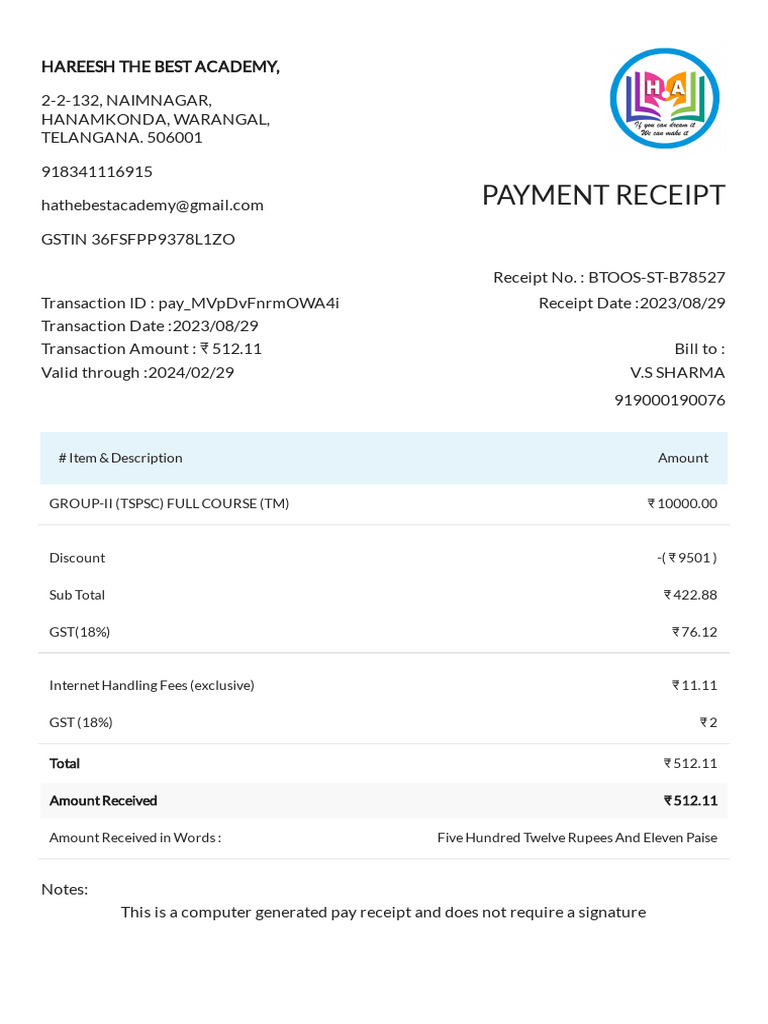 Payment Receipt for TSPSC Course | PDF