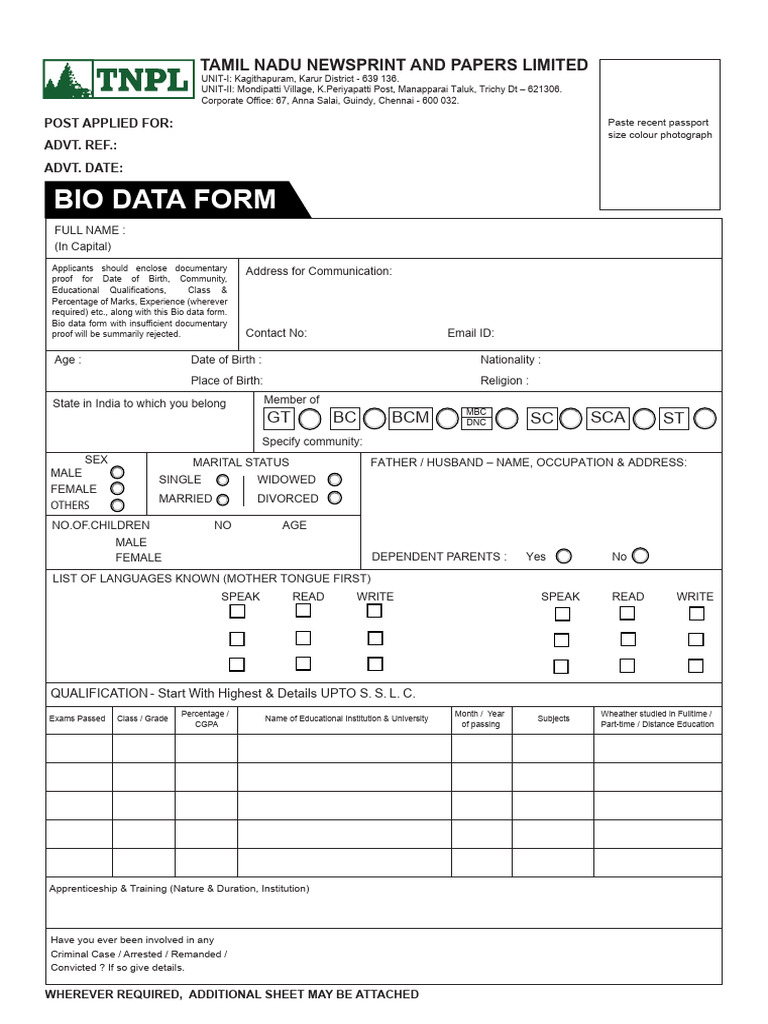 Bio Data Format For TNPL | PDF