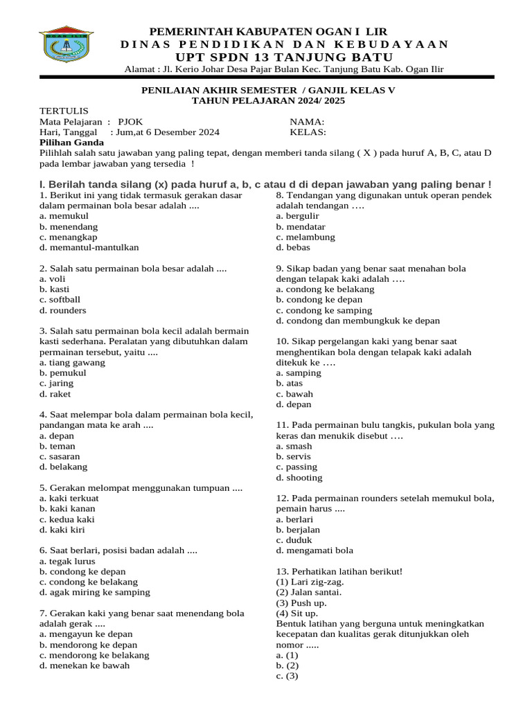 Soal Uas Pjok Kelas 5 Semester 1 | PDF