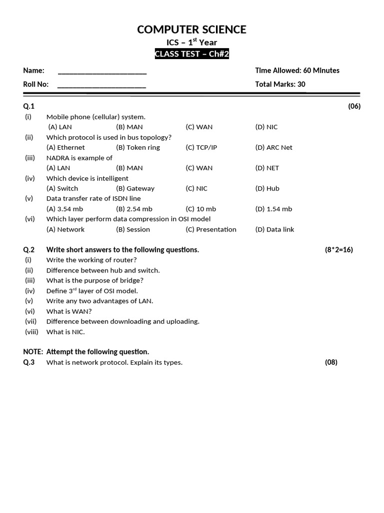 Computer Science Class Test: Networking Concepts | PDF