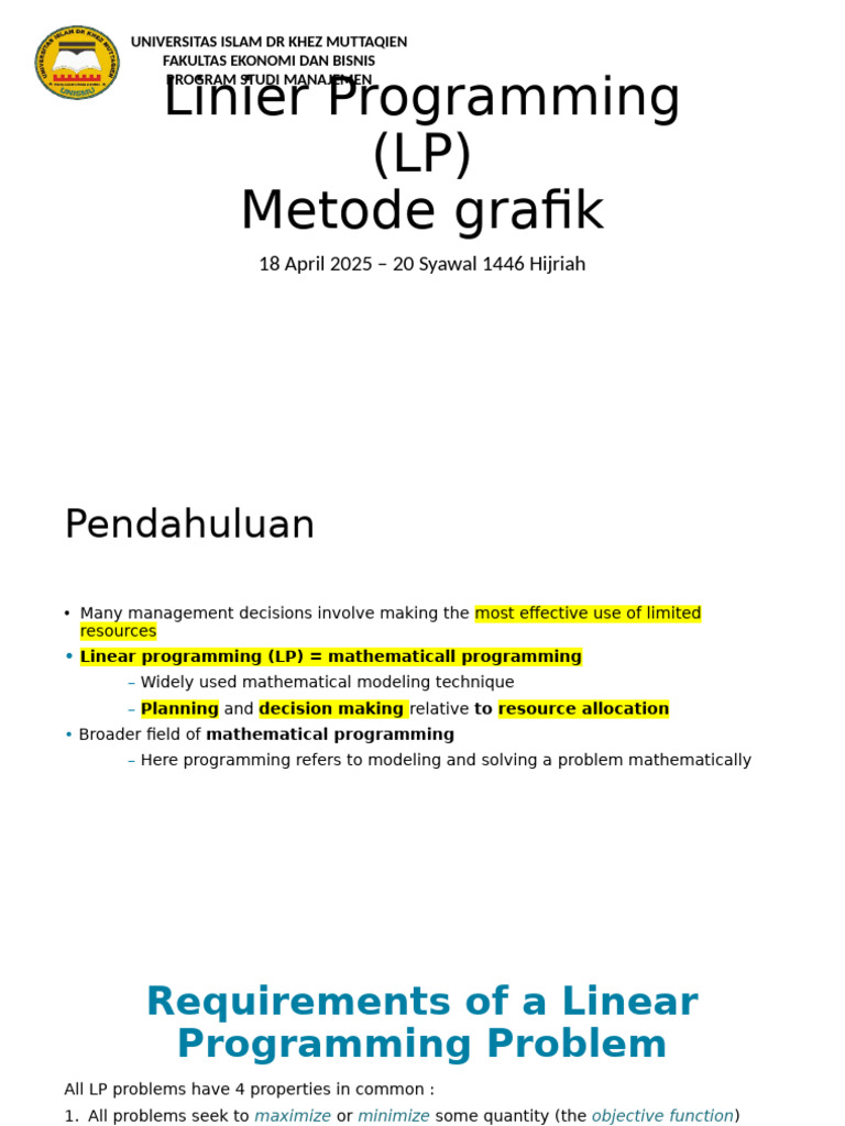 Materi 2 - Linier Programing Metode Grafik - 18 April 2025 - 20 Syawal 1446 | PDF | Linear ...