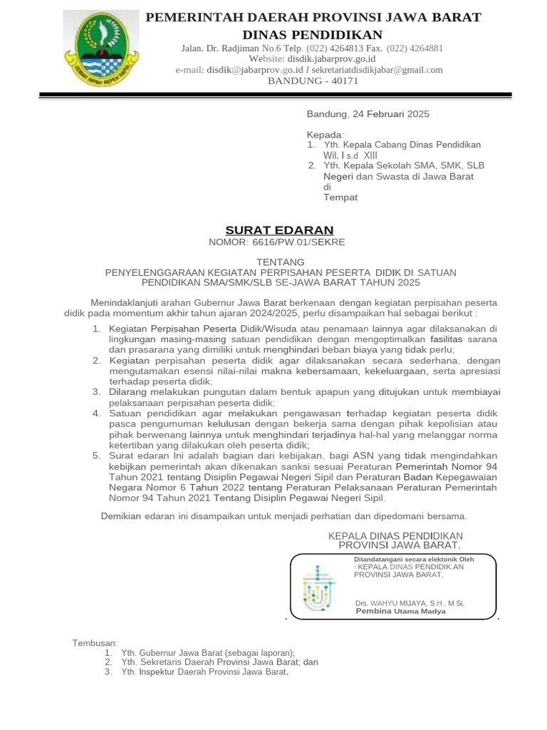 Surat Edaran Dinas Pendidikan | PDF
