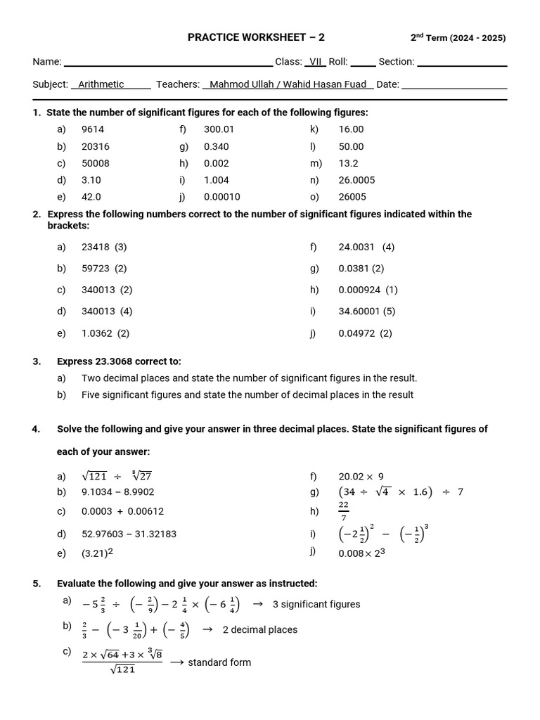 VII - Arithmetic - Practice Worksheet - 2 | PDF | Significant Figures ...