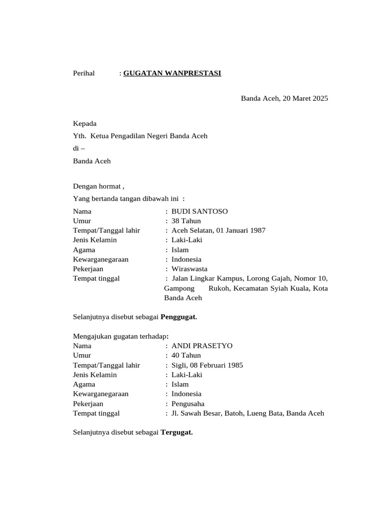 Surat Gugatan PLKH Perdata 1 | PDF