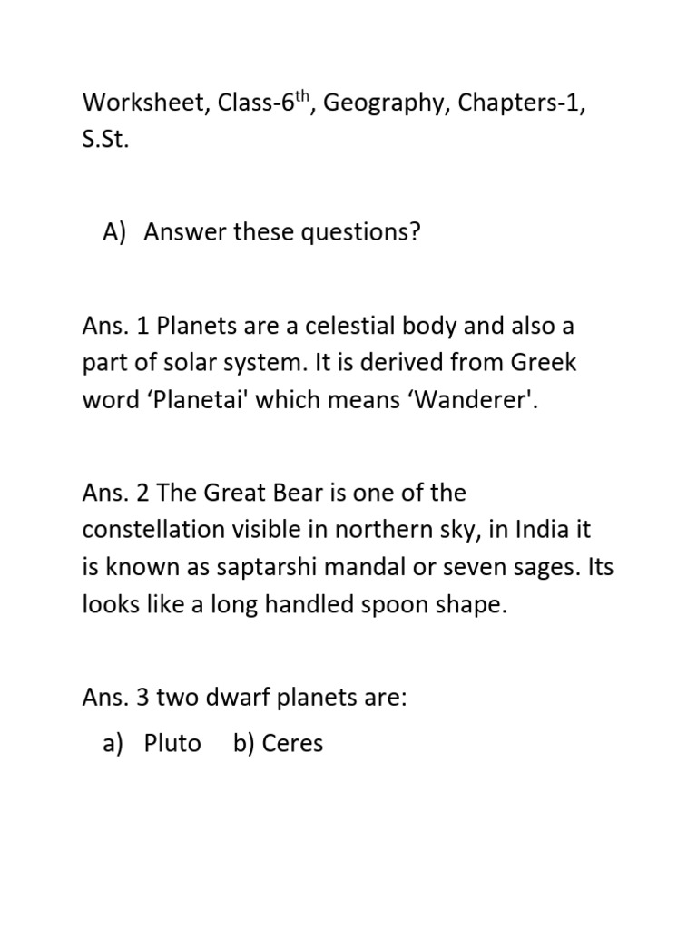 6th Class, Geography, Chapter-1 Worksheet, S.ST - . | PDF | Planets | Sun