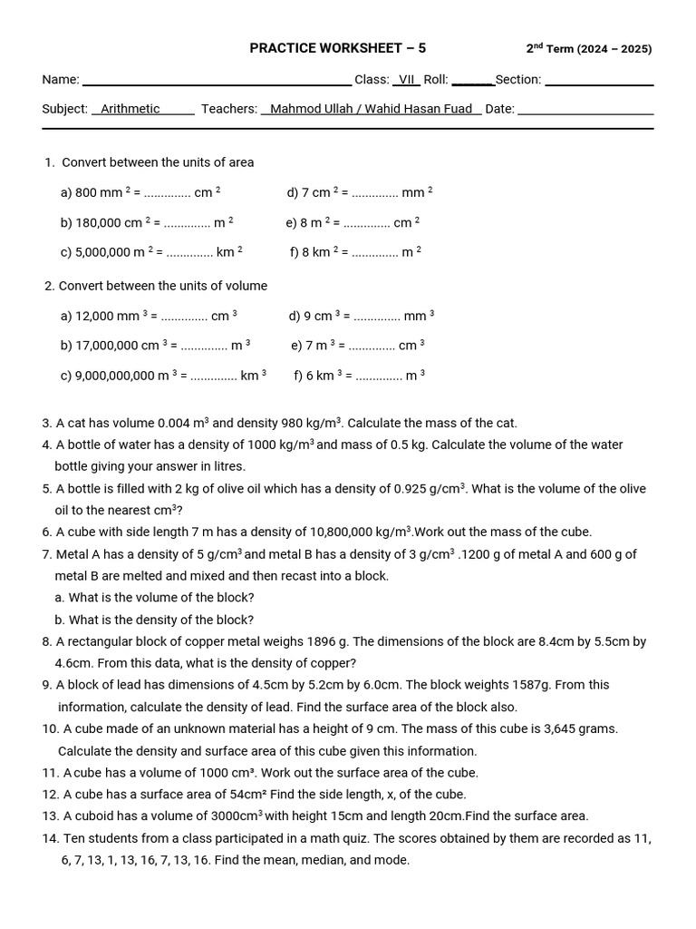 VII-Arithmetic-PRACTICE WORKSHEET-5 | PDF | Volume | Density