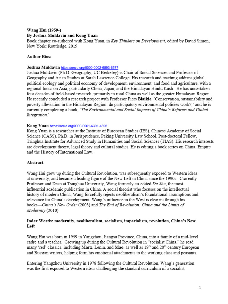 WANG HUI Book Chapter by Muldavin and Ko | PDF | Market (Economics) | China