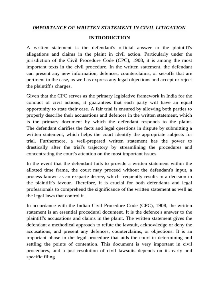 Significance of Written Statements in Civil Litigation | PDF | Lawsuit ...