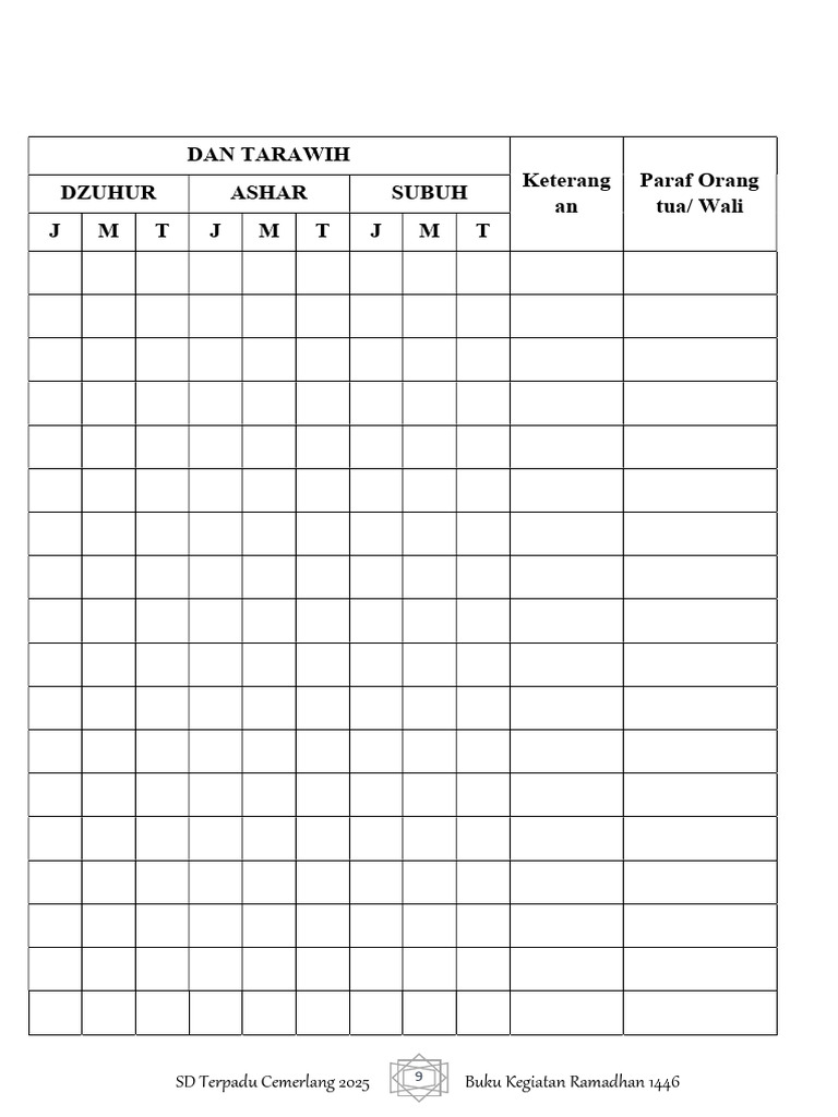 Dan Tarawih Keterang An Paraf Orang Tua/ Wali Dzuhur Ashar Subuh J M T ...