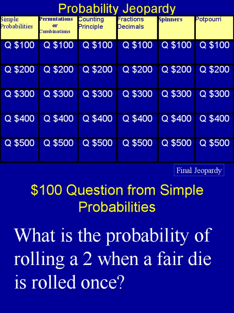Probability Jeopardy Game Questions | PDF | Dice | Teaching Mathematics
