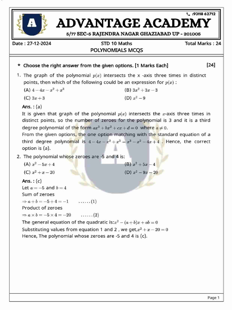 Polynomials Mcqs Solution | PDF