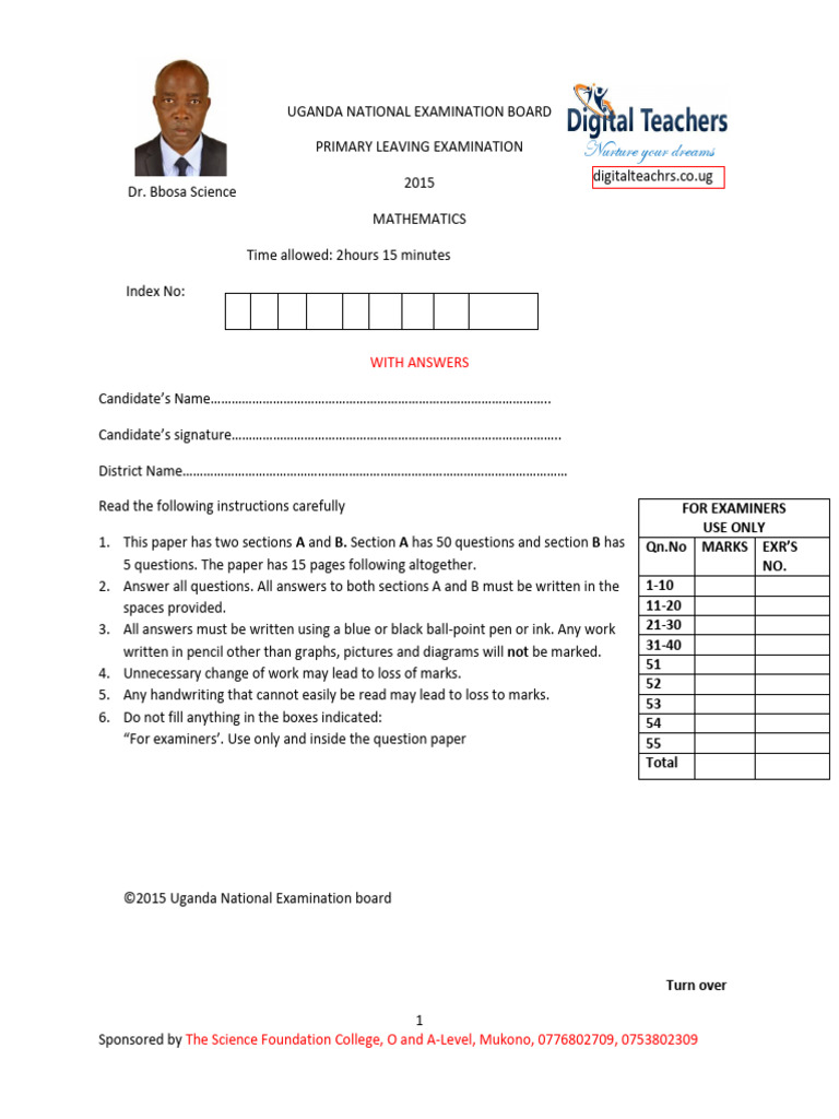 Uneb Mathematics 2015 Ple Questions With Answers | PDF | Mathematics