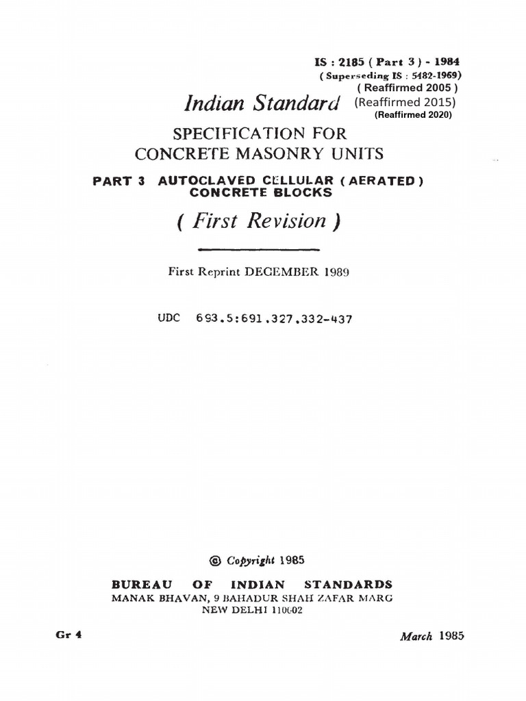 IS 2185 Part 3: AAC Block Specification | PDF | Concrete ...