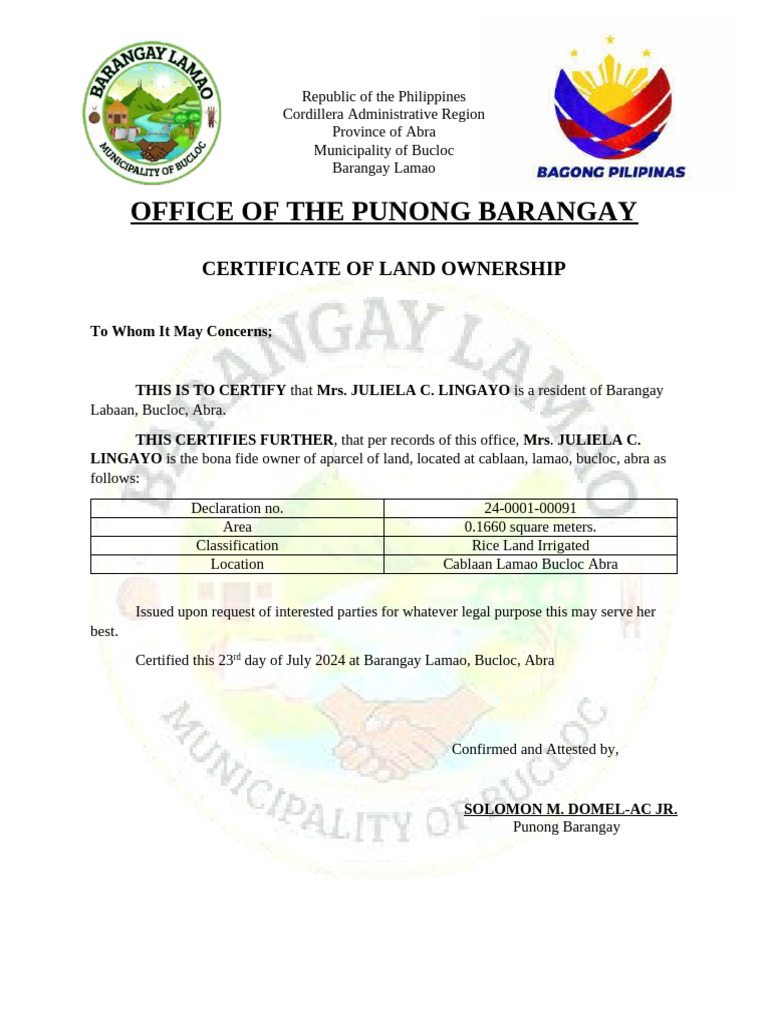Certificate of Land Ownership - Bucloc | PDF