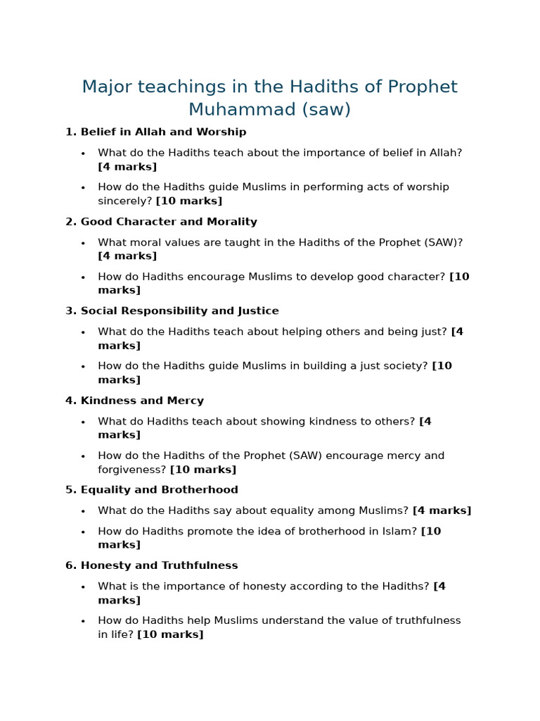 Major Teachings in The Hadiths of Prophet Muhammad | PDF