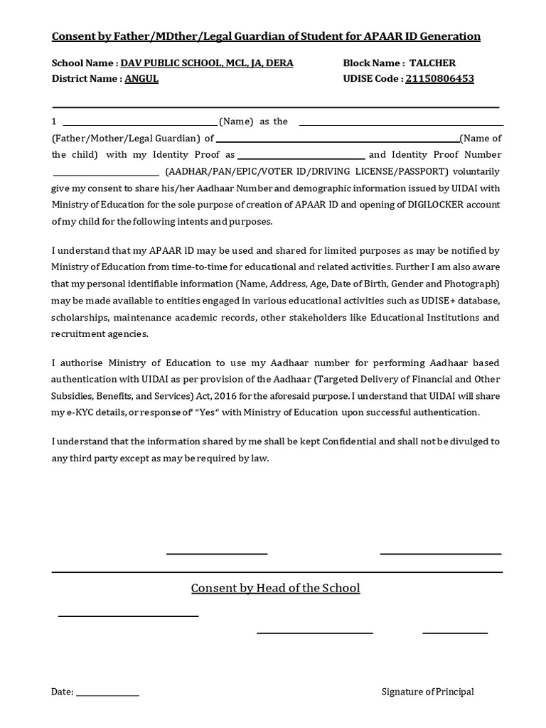 APAAR ID English Consent Form | PDF | Privacy | Access Control