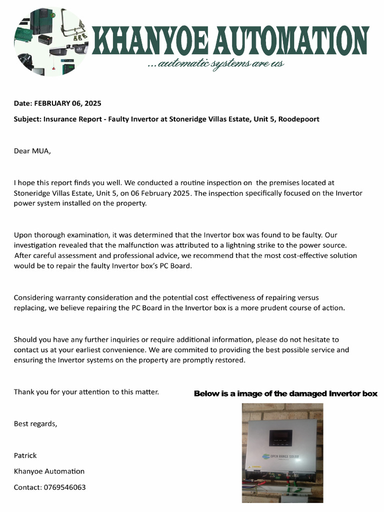 KhanyoeAutomation Damge Report 06022025 | PDF