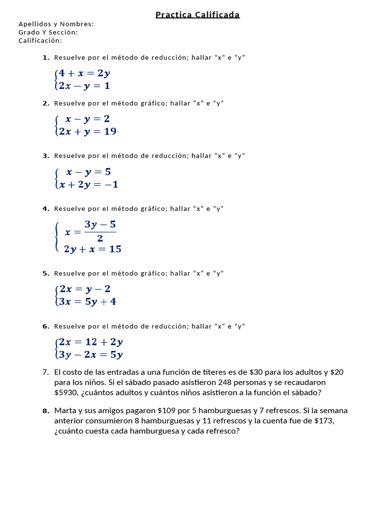 Practica Matematica Ecuaciones Metodo de Reduccion y Metodo Grafico | PDF
