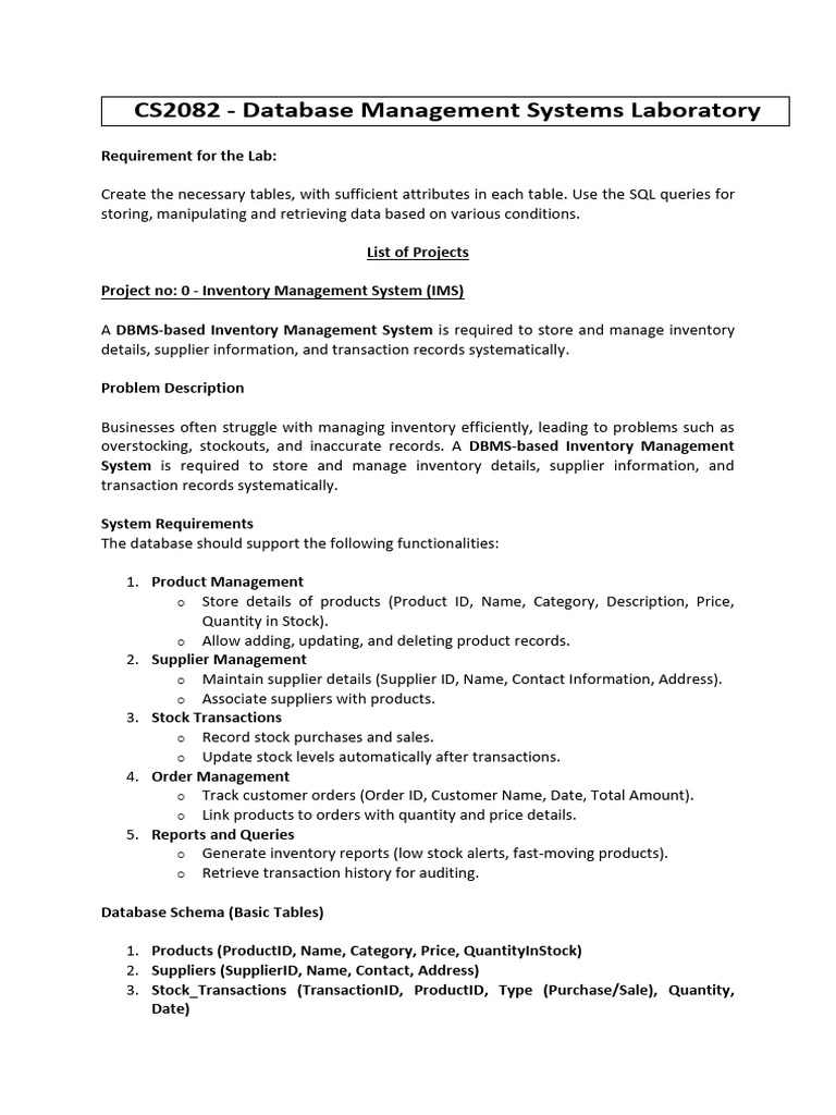 CS2082 -Database Management Systems Laboratory -Project List | PDF | Databases | Payroll